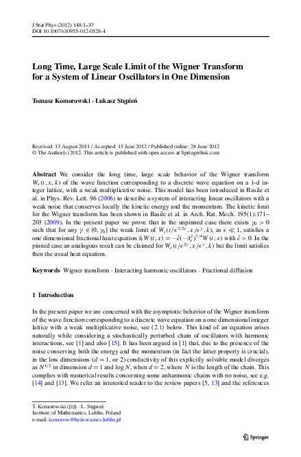 (PDF) Long Time, Large Scale Limit of the Wigner Transform for a System of Linear Oscillators in ...
