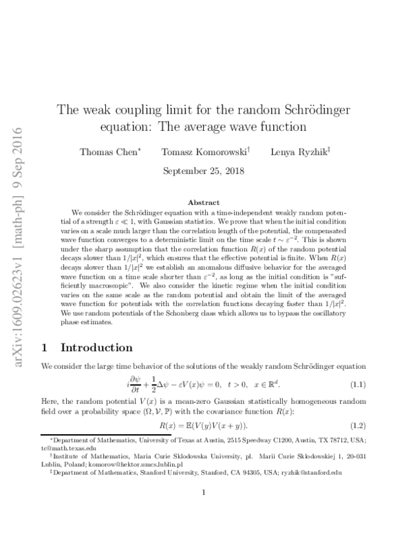 (PDF) The Weak Coupling Limit for the Random Schrödinger Equation: The Average Wave Function