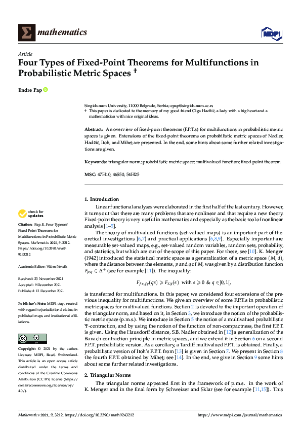 (PDF) Four Types of Fixed-Point Theorems for Multifunctions in Probabilistic Metric Spaces ...