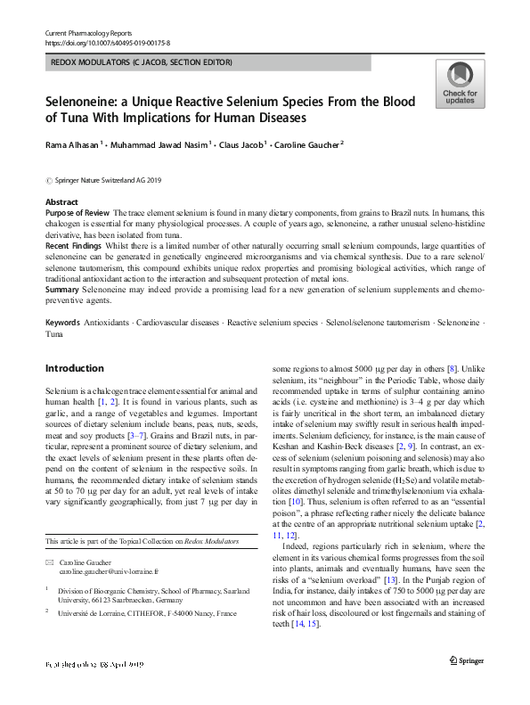 (PDF) Selenoneine: a Unique Reactive Selenium Species From the Blood of Tuna With Implications ...