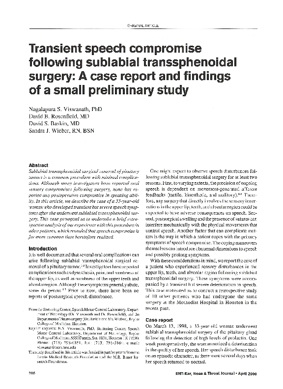 (PDF) Transient Speech Compromise following Sublabial Transsphenoidal ...