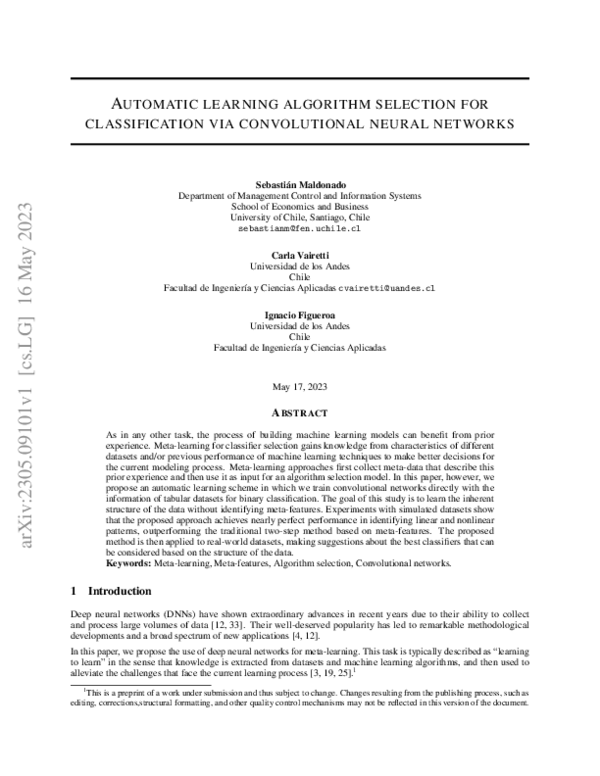(PDF) Automatic learning algorithm selection for classification via convolutional neural networks