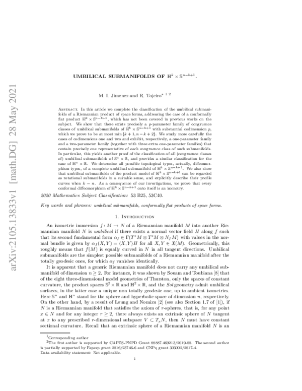 (PDF) Umbilical submanifolds of $\mathbb{H}^k\times \mathbb{S}^{n-k+1}$ | Ruy Tojeiro de ...