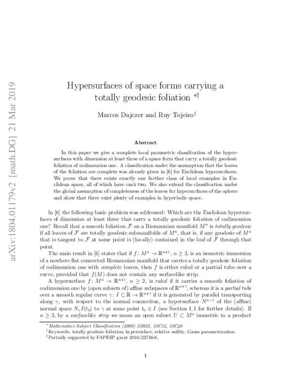 (PDF) Hypersurfaces of space forms carrying a totally geodesic foliation