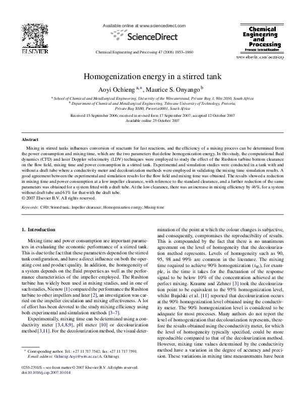 (PDF) Homogenization energy in a stirred tank