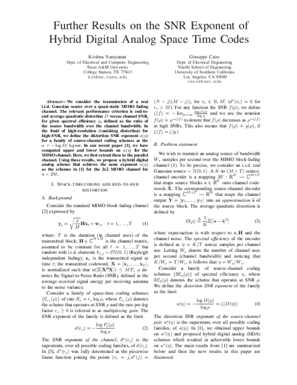 (PDF) Further results on the SNR exponent of hybrid digital analog space time codes