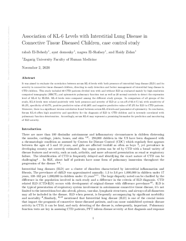 (PDF) Association of KL-6 Levels with Interstitial Lung Disease in Connective Tissue Diseased ...