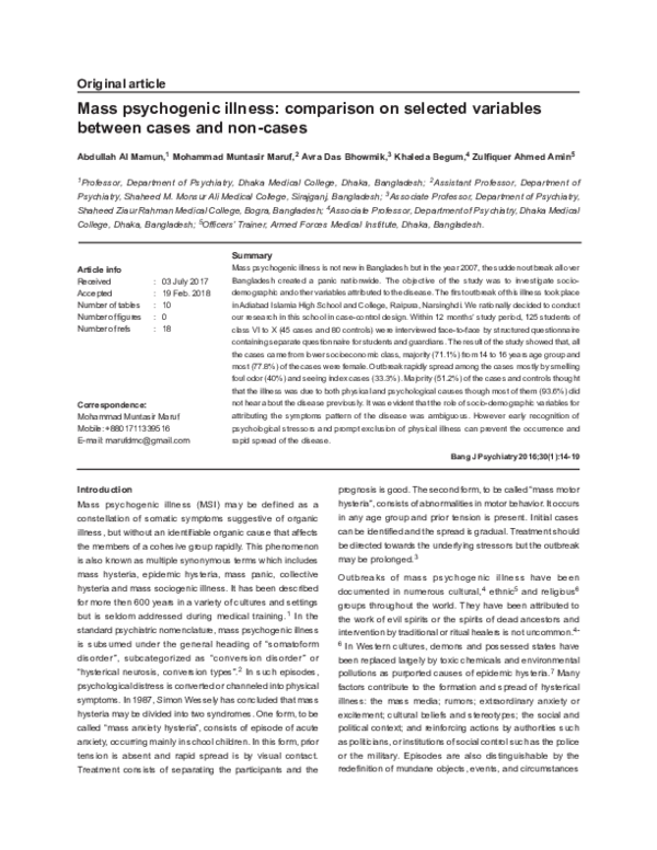 (PDF) Mass psychogenic illness: comparison on selected variables ...