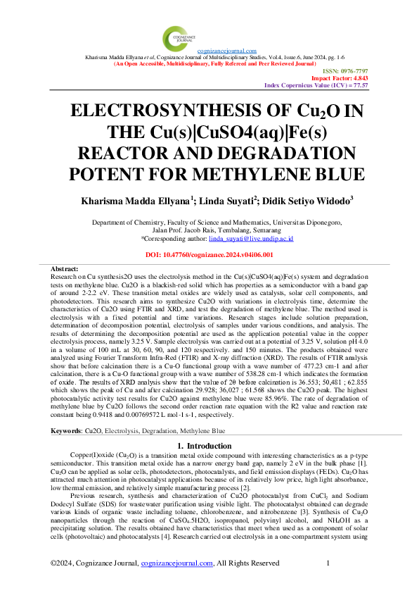 (PDF) ELECTROSYNTHESIS OF Cu2O IN THE Cu(s)|CuSO4(aq)|Fe(s) REACTOR AND ...