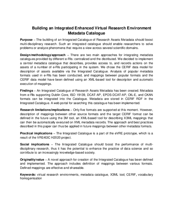 (PDF) Building an integrated enhanced virtual research environment metadata catalogue
