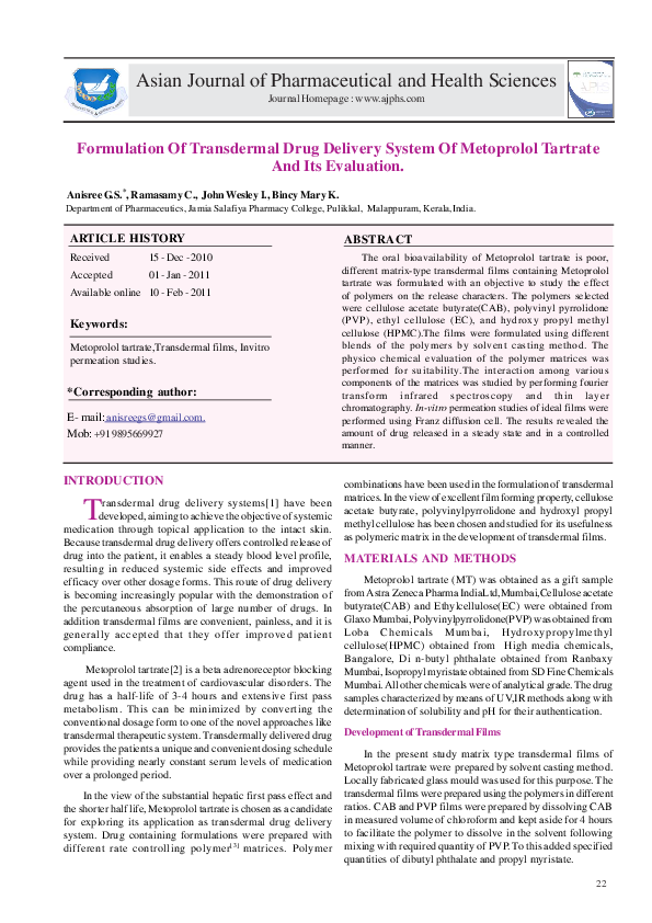 Pdf Formulation Of Transdermal Drug Delivery System Of Metoprolol Tartrate And Its Evaluation