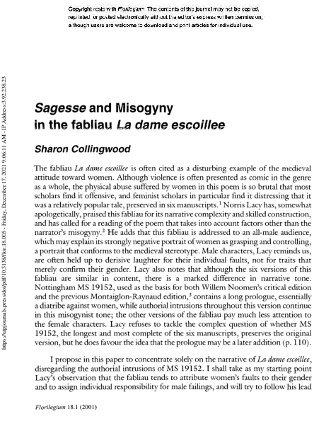 (PDF) Sagesse and Misogyny in the fabliau La dame escoillee