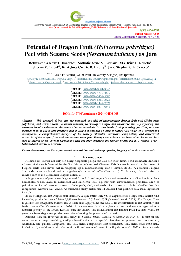(PDF) Potential of Dragon Fruit (Hylocereus polyrhizus) Peel with Sesame Seeds (Sesamum indicum ...
