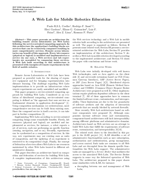 Pdf Remote Web Labs For Mobile Robotics Education