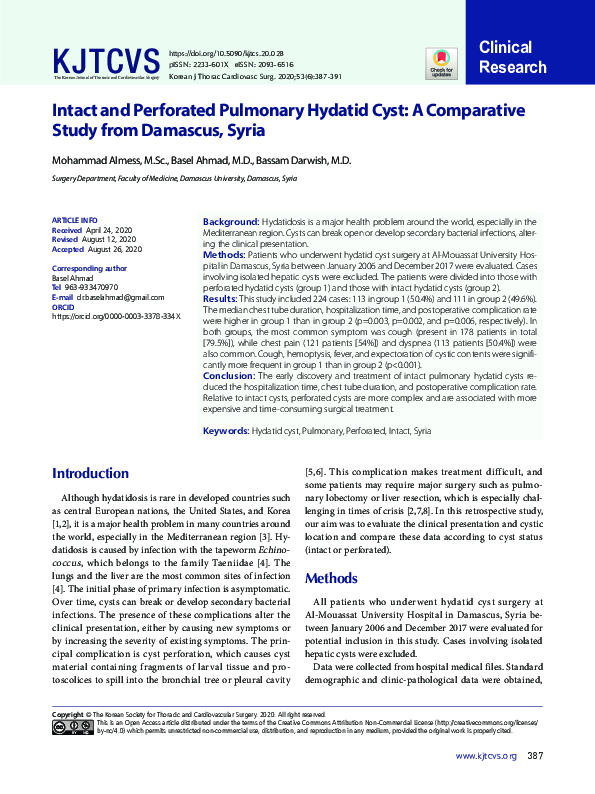 (PDF) Intact and Perforated Pulmonary Hydatid Cyst: A Comparative Study ...