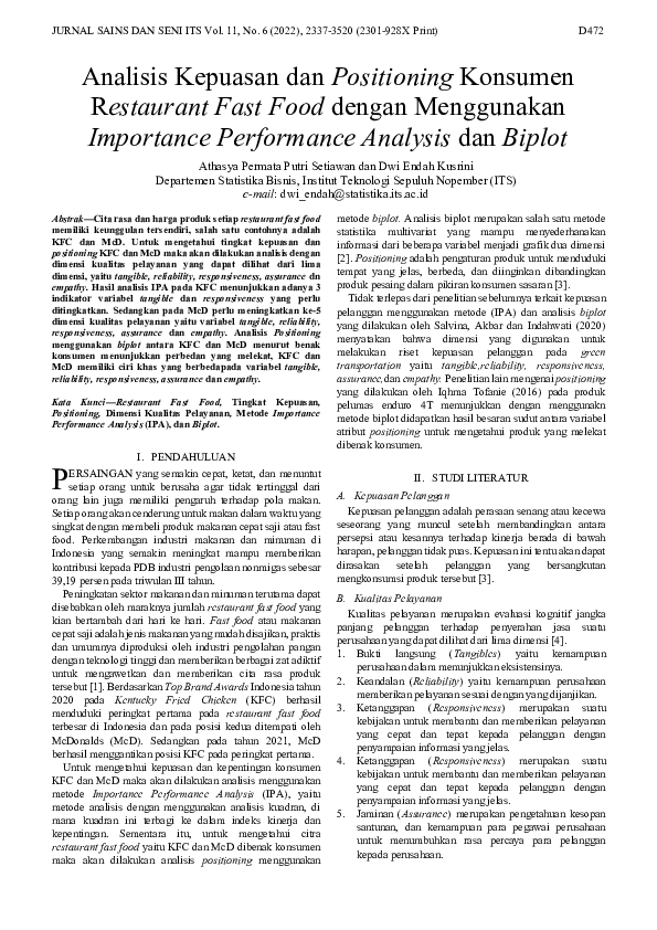 (PDF) Analisis Kepuasan Dan Positioning Konsumen Restaurant Fast Food dengan Menggunakan ...
