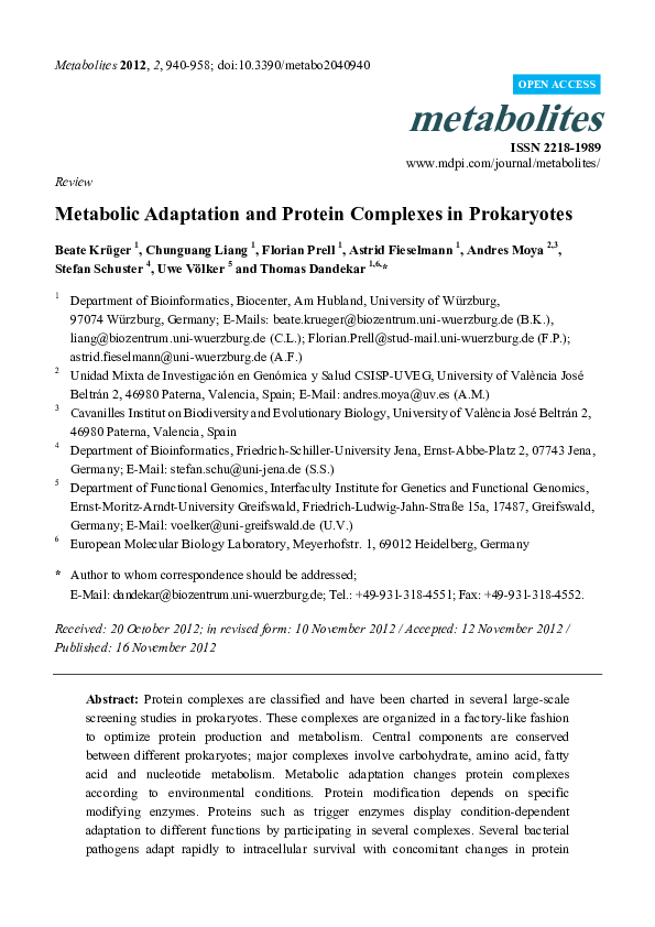 (PDF) Metabolic adaptation and protein complexes in prokaryotes