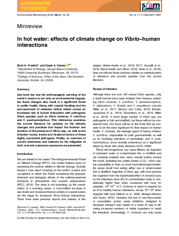 (PDF) In hot water: effects of climate change on Vibrio–human interactions