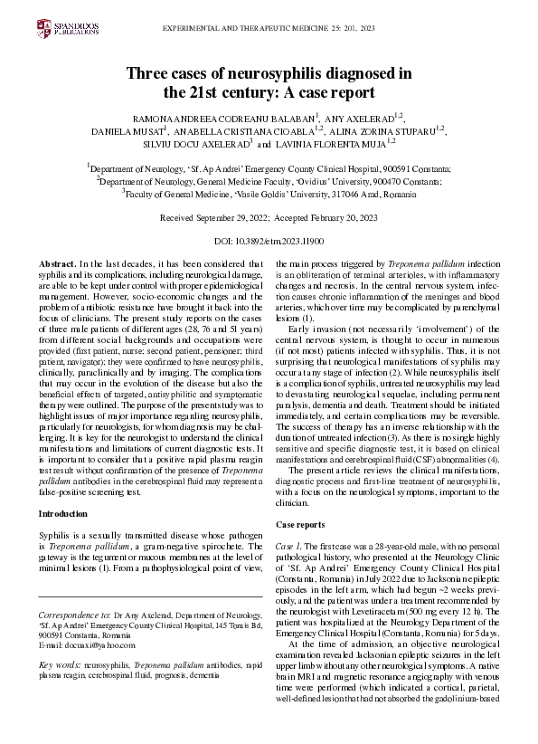 (PDF) Three cases of neurosyphilis diagnosed in the 21st century: A case report