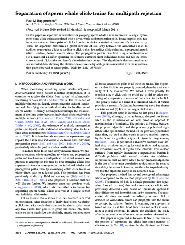 (PDF) Separation of Sperm Whale Click-Trains for Multipath Rejection ...