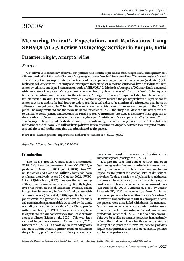 (PDF) Measuring Patient’s Expectations and Realisations Using SERVQUAL: A Review of Oncology ...