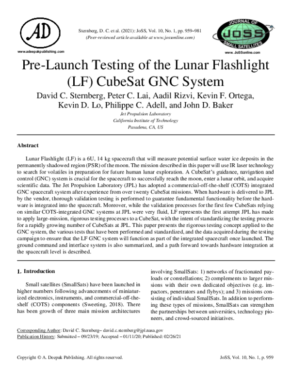 (PDF) Pre-Launch Testing of the Lunar Flashlight (LF) CubeSat GNC System