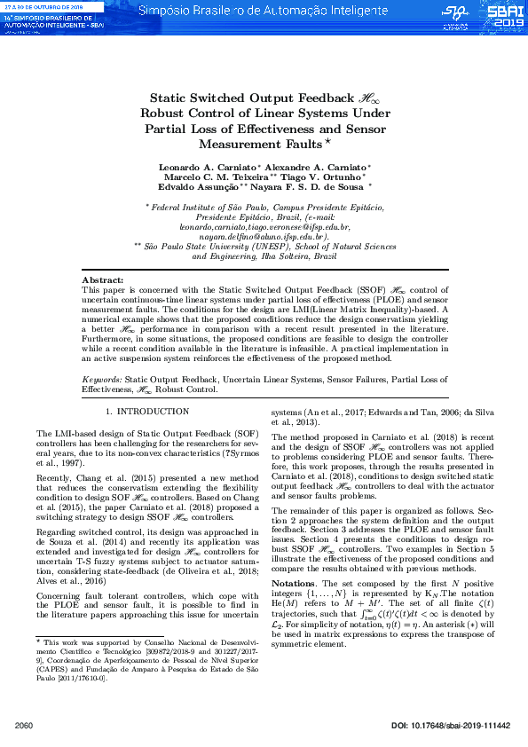 (PDF) Static Switched Output Feedback H∞ Robust Control of Linear Systems Under Partial Loss of ...