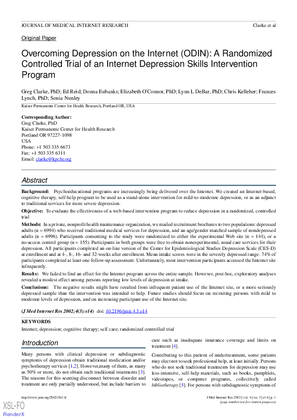 (PDF) Internet Intervention for Mild Depression: ODIN Trial