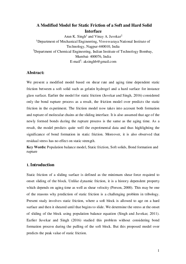 (PDF) A Modified Model for Static Friction of a Soft and Hard Solid Interface