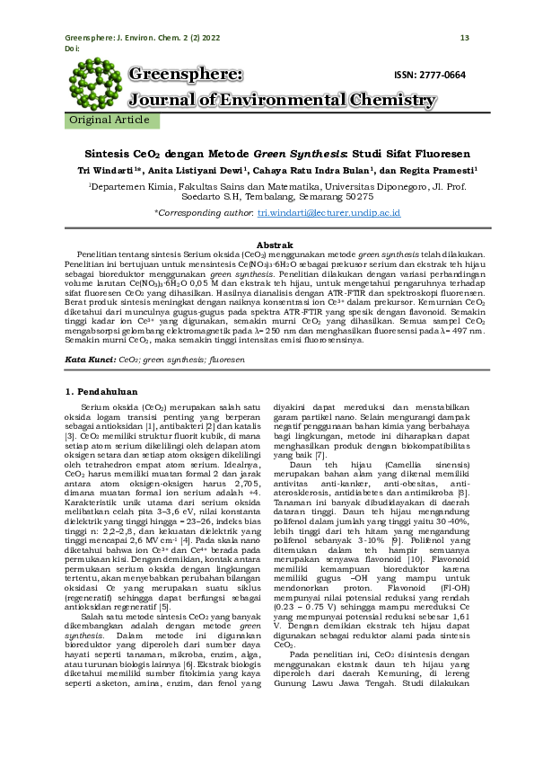 (PDF) Sintesis CeO2 Dengan Metode Green Synthesis: Studi Sifat Fluoresen