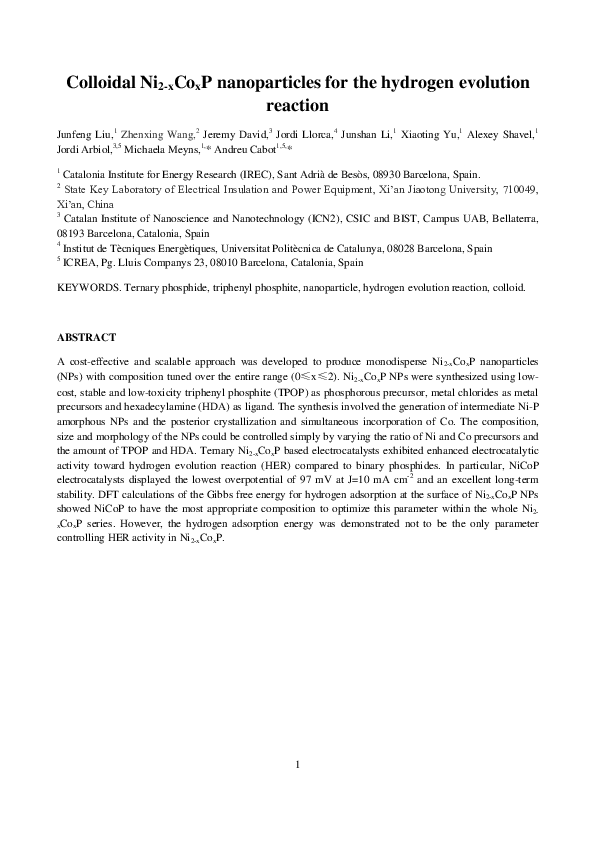 (PDF) Colloidal Ni2−xCoxP nanocrystals for the hydrogen evolution reaction | Jordi Llorca ...