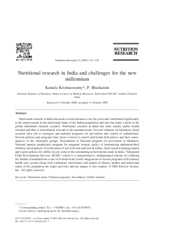 (PDF) Nutritional research in India and challenges for the new millennium