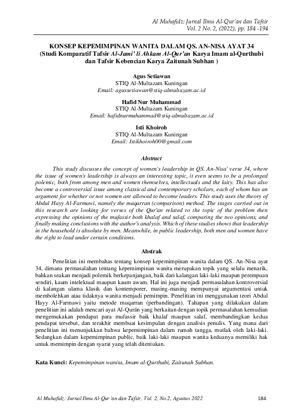 (PDF) KONSEP KEPEMIMPINAN WANITA DALAM QS. AN-NISA AYAT 34 (Studi Komparatif Tafsir Al-Jami’ li ...