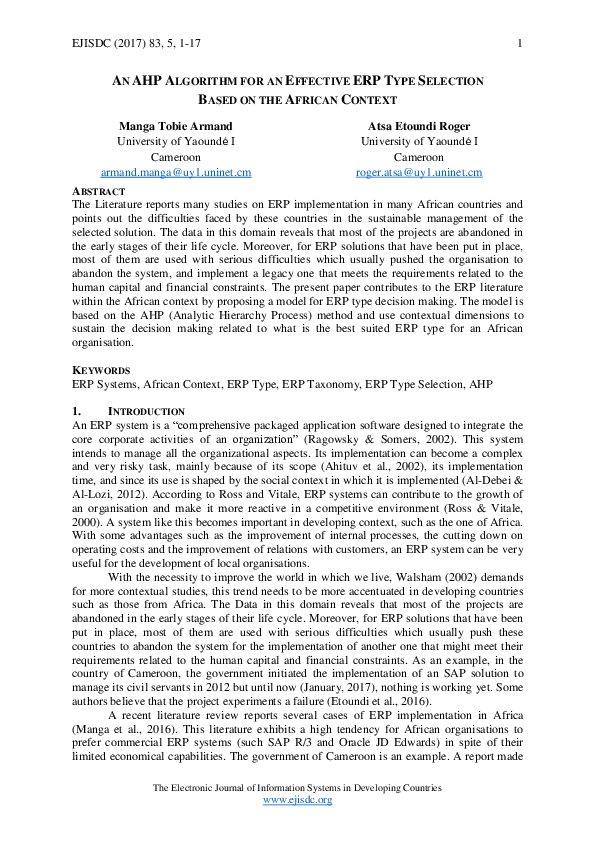 (PDF) An AHP Algorithm for an Effective ERP Type Selection Based on the African Context