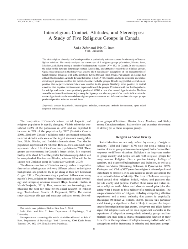 (PDF) Interreligious contact, attitudes, and stereotypes: A study of ...