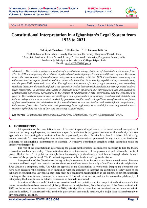 (PDF) Constitutional Interpretation in Afghanistan's Legal System from ...