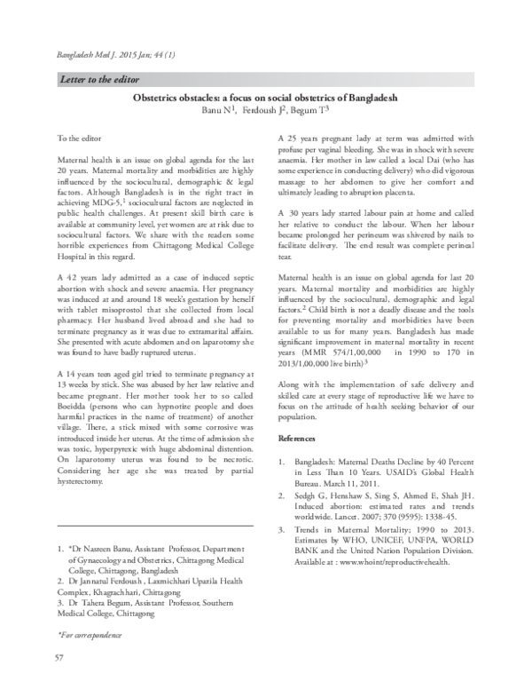 (PDF) Obstetrics obstacles: a focus on social obstetrics of Bangladesh