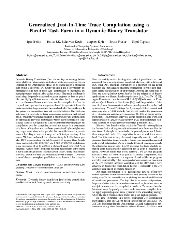 Pdf Generalized Just In Time Trace Compilation Using A Parallel Task Farm In A Dynamic Binary