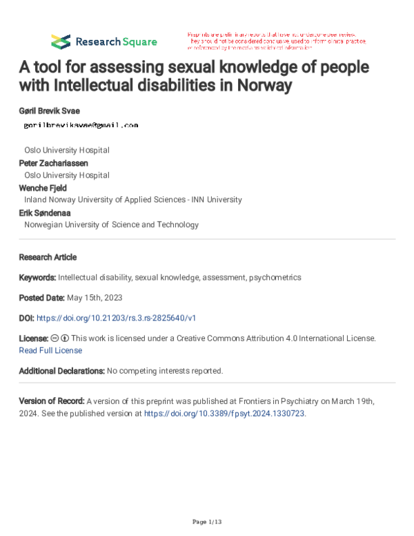 (PDF) A tool for assessing sexual knowledge of people with Intellectual disabilities in Norway