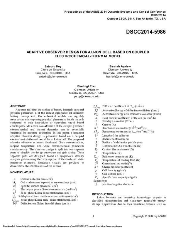 (PDF) Adaptive Observer Design for a Li-Ion Cell Based on Coupled Electrochemical-Thermal Model
