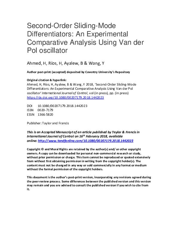 (PDF) Second-order sliding-mode differentiators: an experimental comparative analysis using Van ...