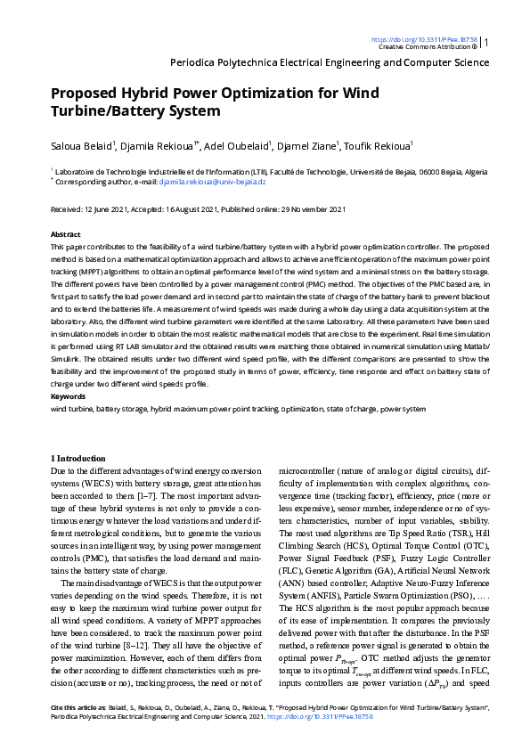 (PDF) Proposed Hybrid Power Optimization for Wind Turbine/Battery System
