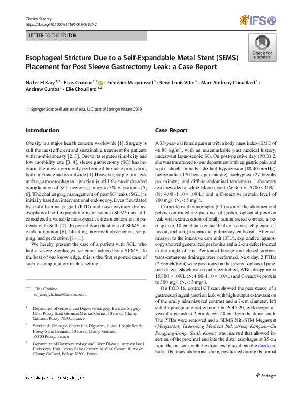 (PDF) Esophageal Stricture Due to a Self-Expandable Metal Stent (SEMS) Placement for Post Sleeve ...