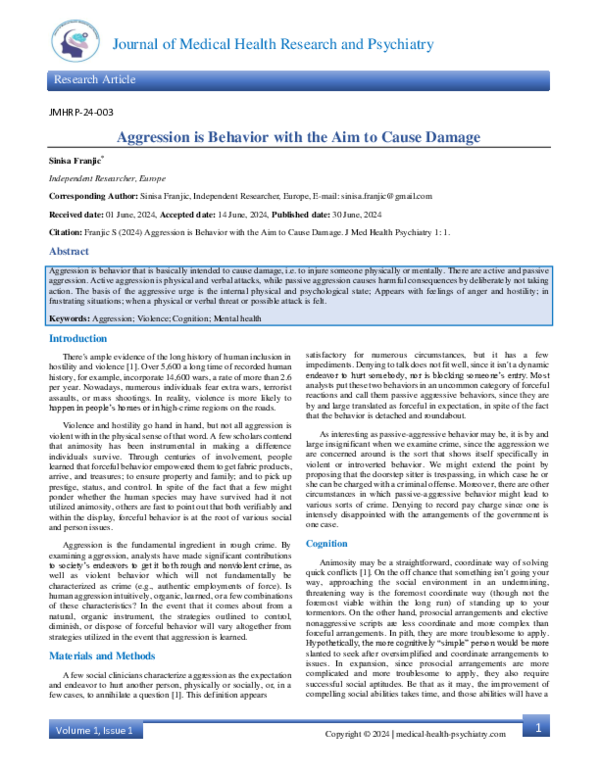 (PDF) Aggression is Behavior with the Aim to Cause Damage