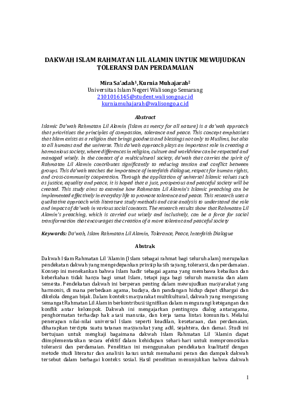 (PDF) DAKWAH ISLAM RAHMATAN LIL ALAMIN UNTUK MEWUJUDKAN TOLERANSI DAN PERDAMAIAN