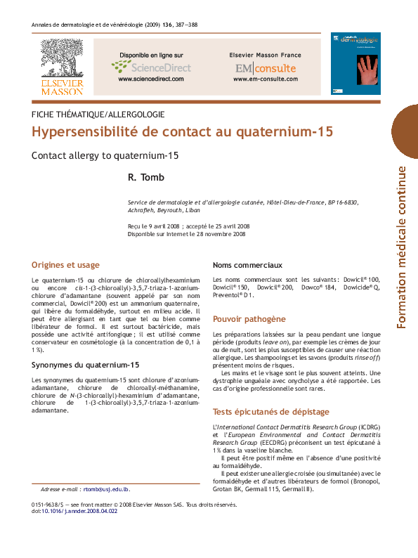 (PDF) Hypersensibilité de contact au quaternium-15 | Roland Tomb ...