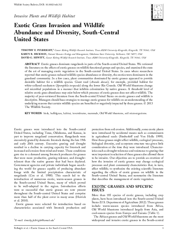 (PDF) Exotic grass invasion and wildlife abundance and diversity, South ...
