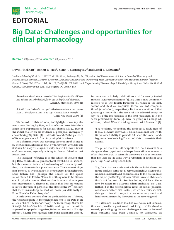 (PDF) Big Data: Challenges and opportunities for clinical pharmacology