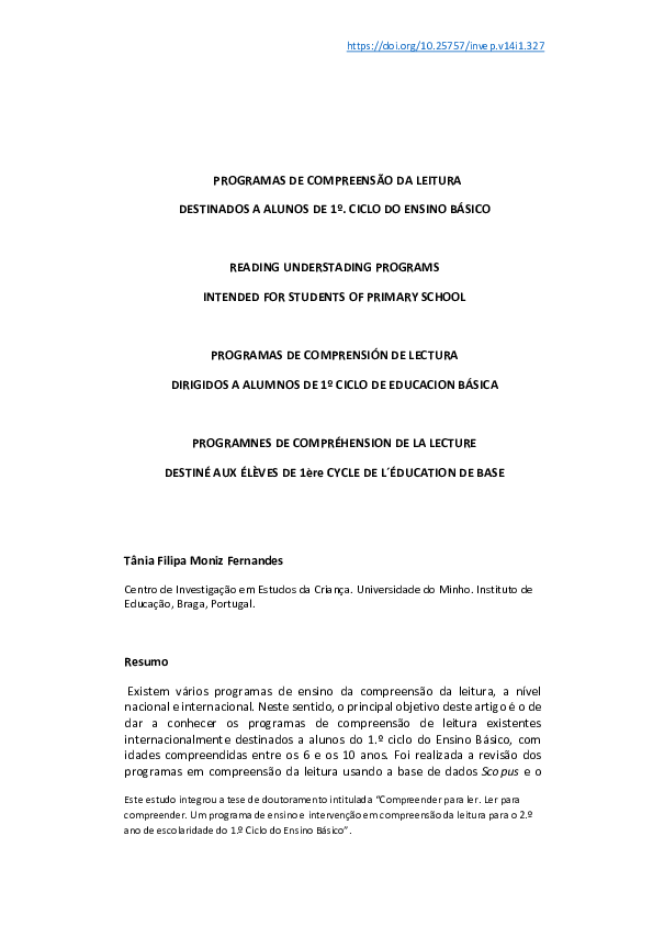 (PDF) programas de compreensão da leitura para o 1ºciclo do Ensino Básico