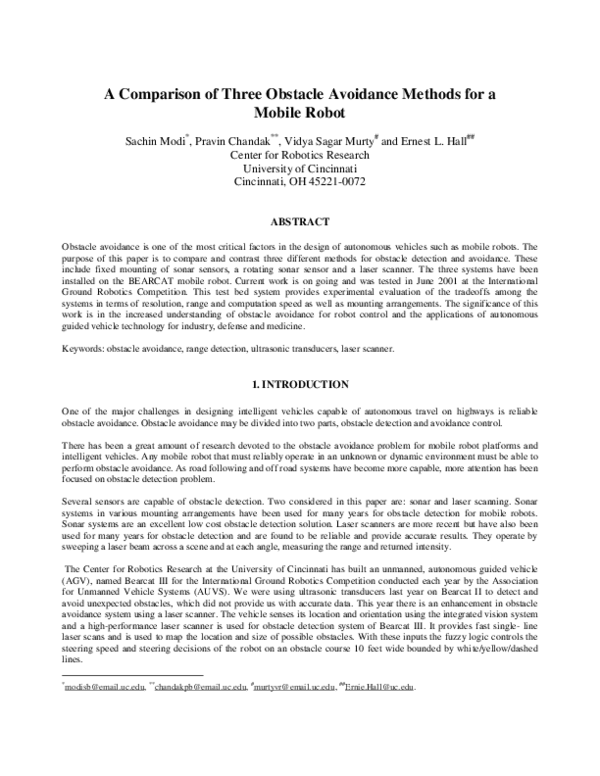 (PDF) Comparison of three obstacle-avoidance methods for a mobile robot | Ernest L Hall ...